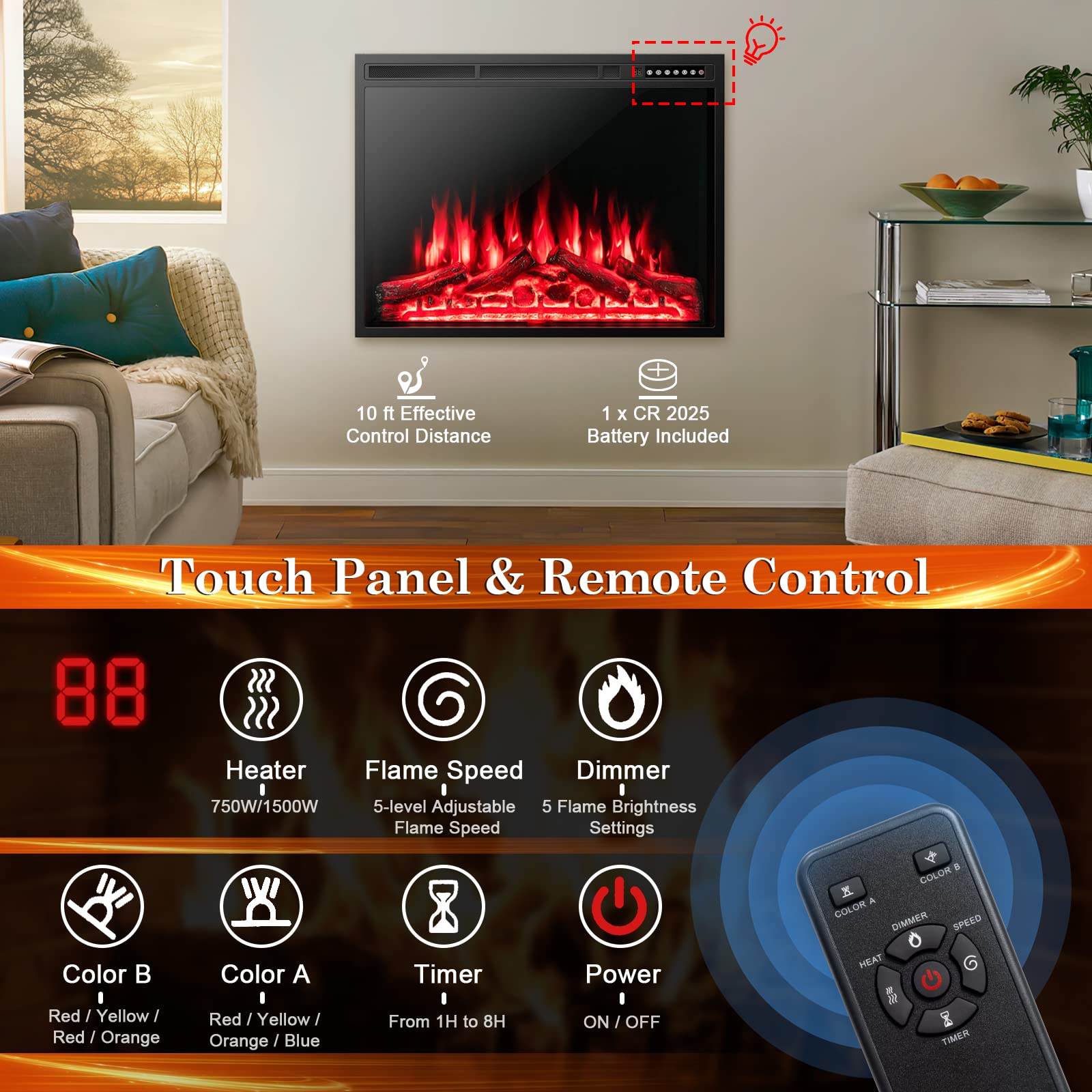 Tangkula 34 Inches Electric Fireplace Insert, Recessed and Freestanding Fireplace Heater with Touch Panel, Remote Control, Overheat Protection, 4 Flame Colors, 4 Log Colors, 750W/1500W