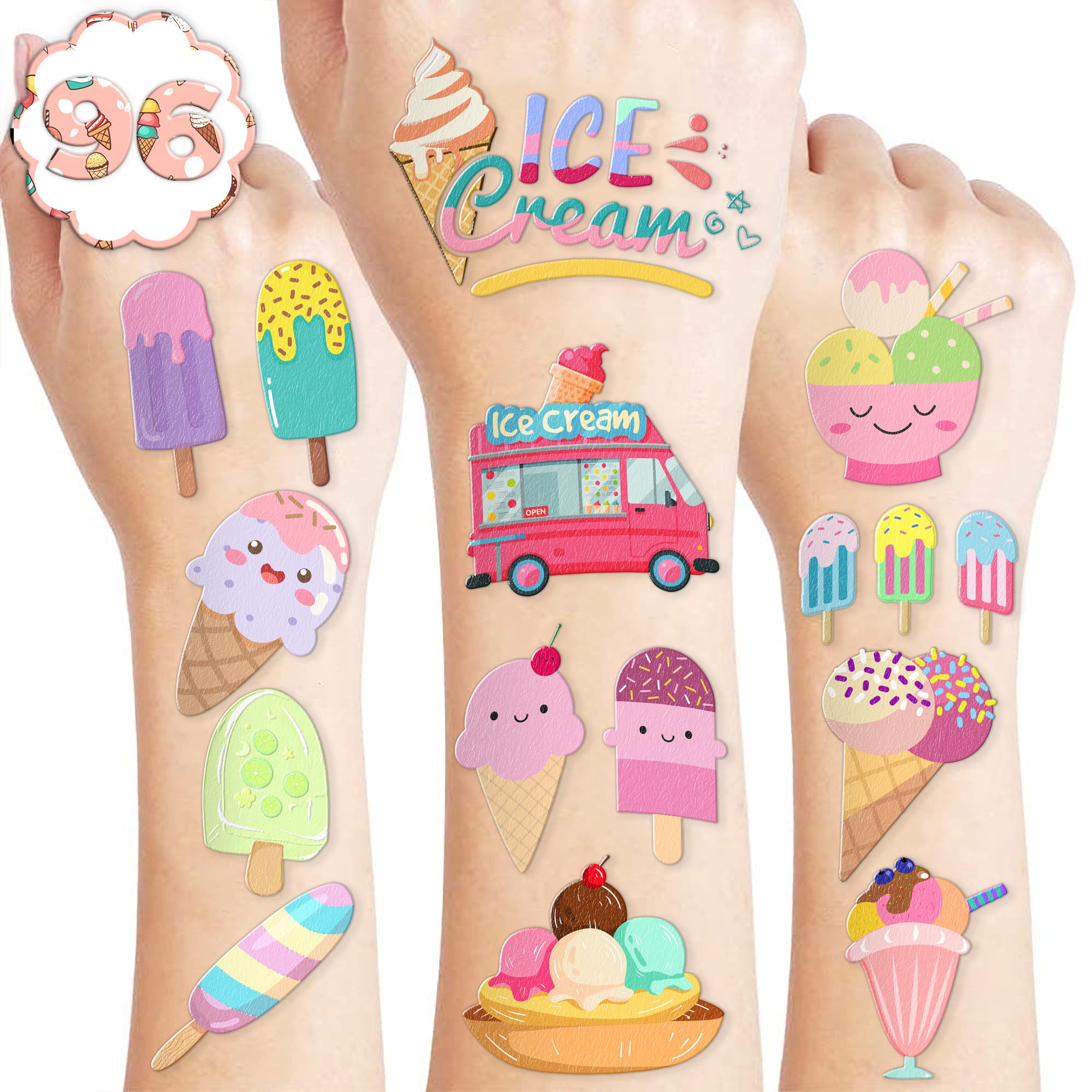 8 Sheets (96PCS) Ice Cream Temporary Tattoos Birthday Party Decorations Favors Tattoos Stickers Cute Party Supplies Kids Girls Boys Gifts Classroom School Prizes Themed