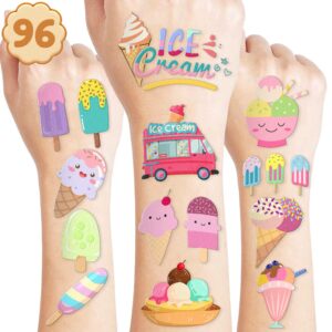 8 Sheets (96PCS) Ice Cream Temporary Tattoos Birthday Party Decorations Favors Tattoos Stickers Cute Party Supplies Kids Girls Boys Gifts Classroom School Prizes Themed