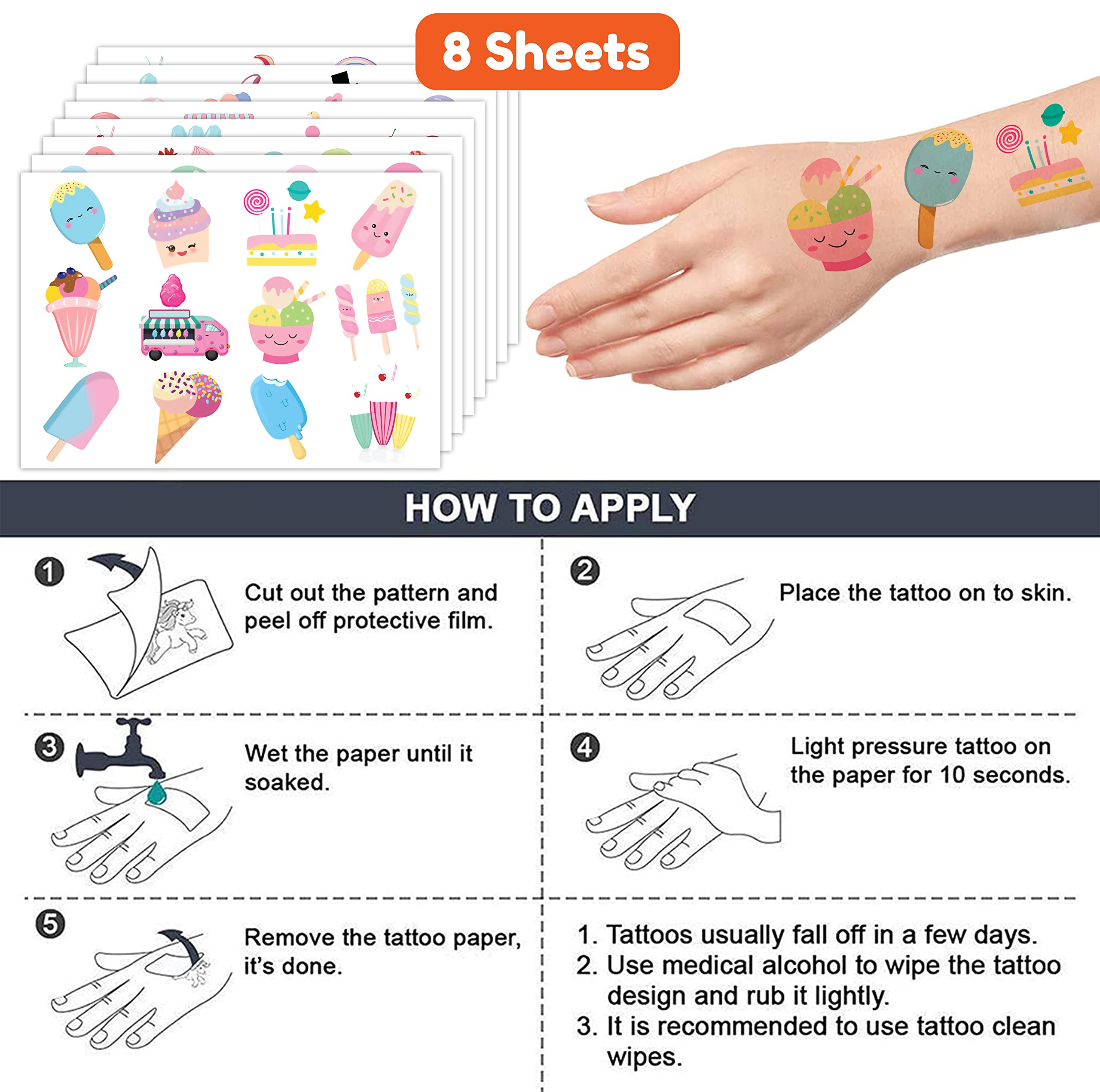 8 Sheets (96PCS) Ice Cream Temporary Tattoos Birthday Party Decorations Favors Tattoos Stickers Cute Party Supplies Kids Girls Boys Gifts Classroom School Prizes Themed