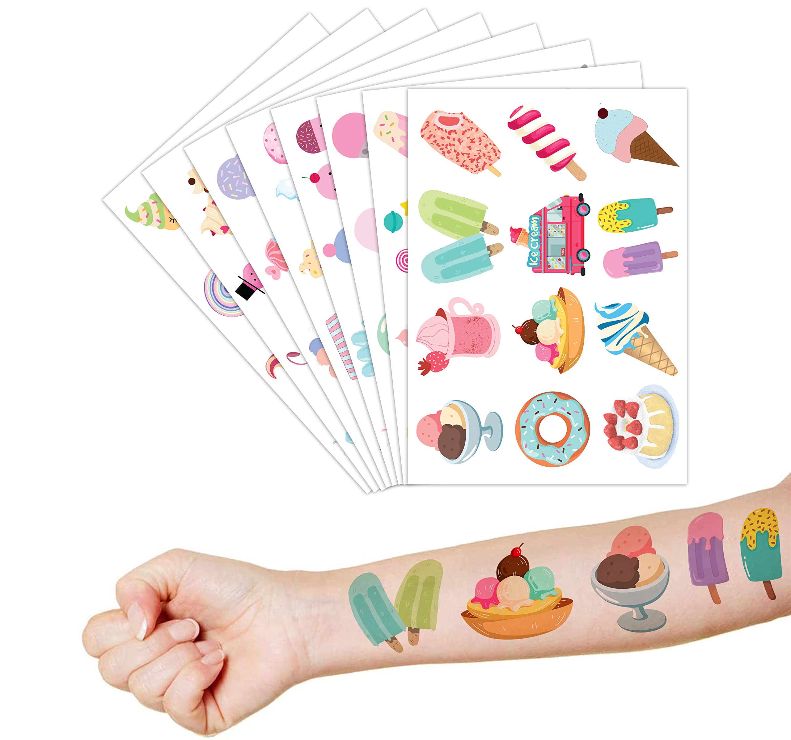 8 Sheets (96PCS) Ice Cream Temporary Tattoos Birthday Party Decorations Favors Tattoos Stickers Cute Party Supplies Kids Girls Boys Gifts Classroom School Prizes Themed