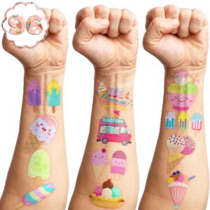 8 Sheets (96PCS) Ice Cream Temporary Tattoos Birthday Party Decorations Favors Tattoos Stickers Cute Party Supplies Kids Girls Boys Gifts Classroom School Prizes Themed