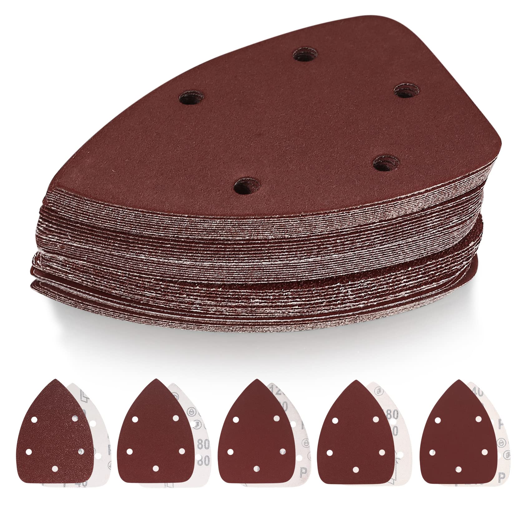 TOOINKCV 50 Pcs Mouse Detail Sander Sandpaper, 40/80/120/180/240 Grit Hook and Loop 140mm Mouse Sander Pads, Sander Replacement Pads, Assorted Triangle Sandpaper for Detail Mouse Sander