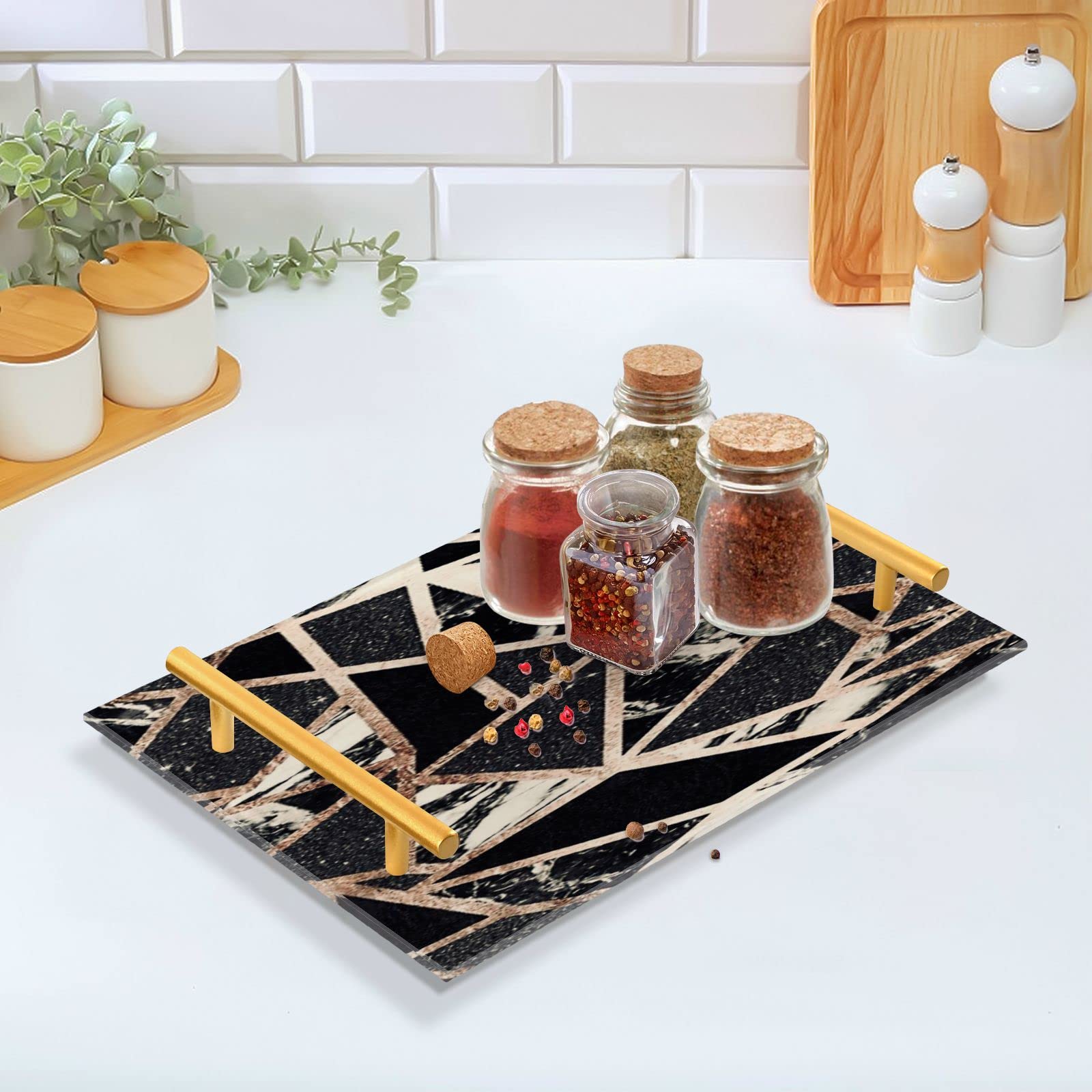 Rose Black Glitter Bathroom Sink Vanity Trays With Gold Handles Golden Marble Countertop Organizer Tray Acrylic Makeup Perfume Tray Dresser Tray Holder Decor Tray For Candle Small Plant Coffee