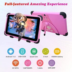 weelikeit Kids Tablet 8 inch Android 11, Learning Tablets for Children, 2+32GB Touchscreen Toddler Tablet with WiFi 6, Bluetooth, Kids App Pre-Installed, YouTube, Case, Stand, Stylus(Pink)