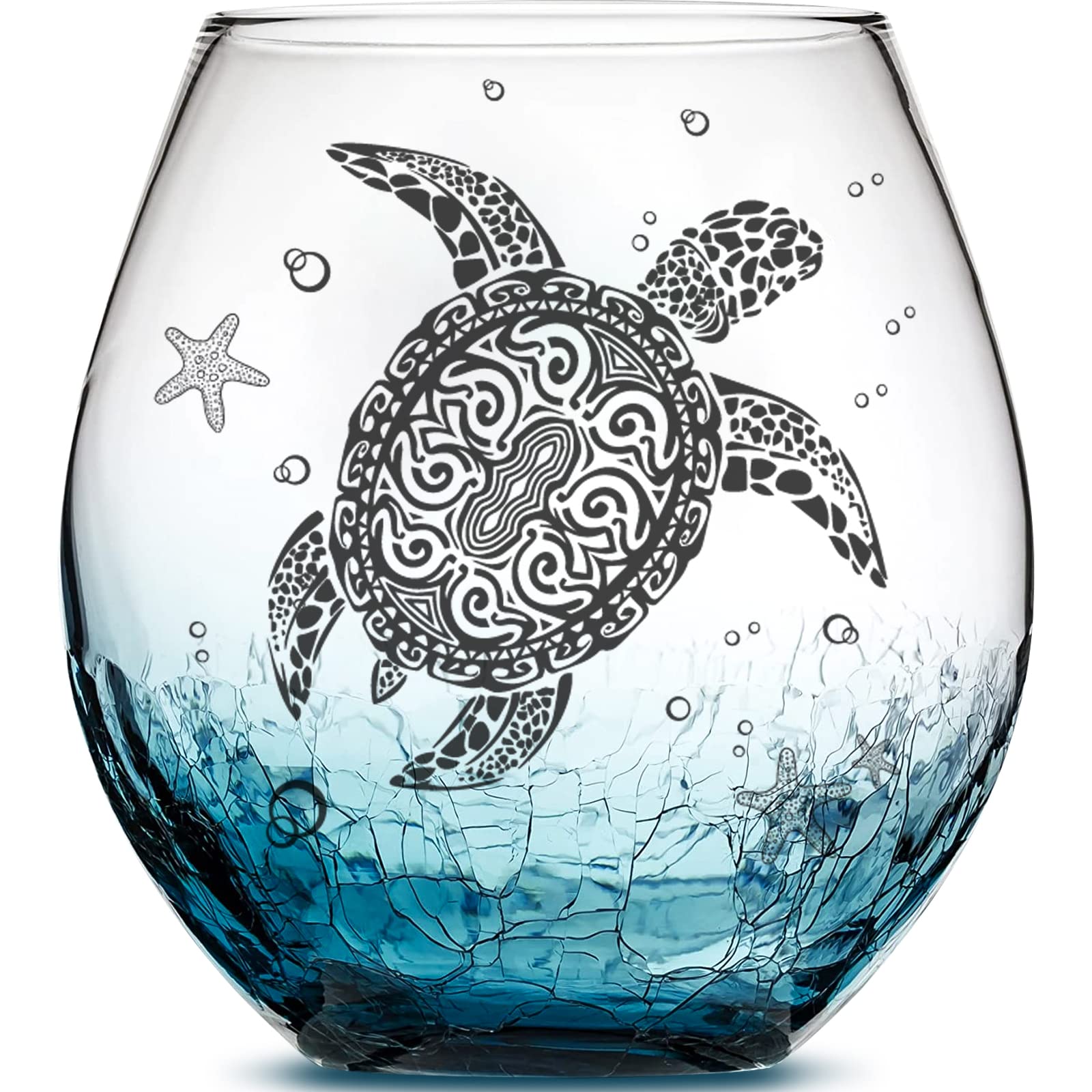 Physkoa Sea turtle wine glass- 13.5OZ Crackle Teal Design, sea turtle gifts for women,Turtle Gifts，Birthday gifts for women（Single）