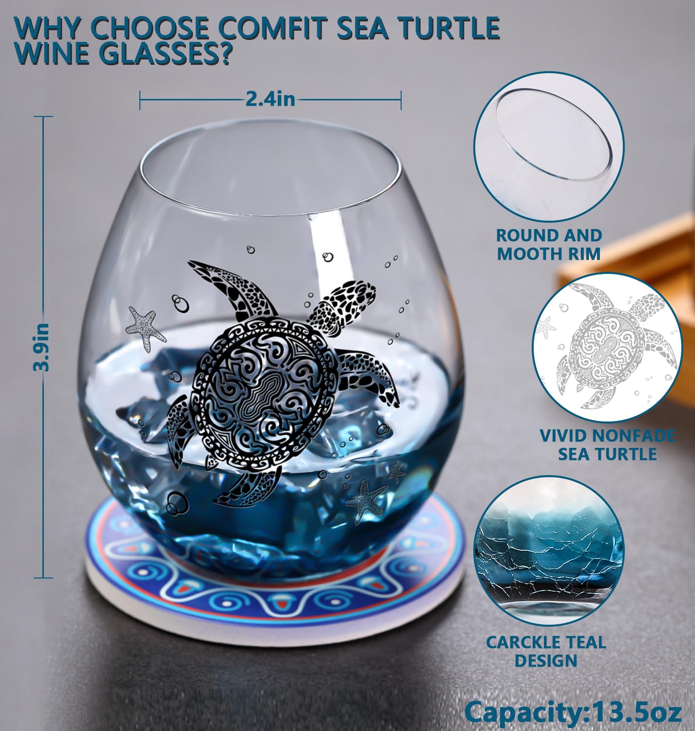 Physkoa Sea turtle wine glass- 13.5OZ Crackle Teal Design, sea turtle gifts for women,Turtle Gifts，Birthday gifts for women（Single）