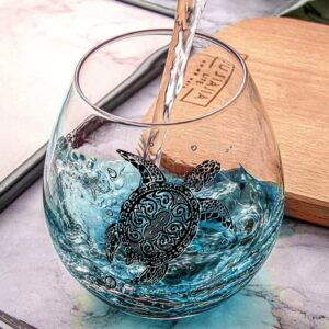 Physkoa Sea turtle wine glass- 13.5OZ Crackle Teal Design, sea turtle gifts for women,Turtle Gifts，Birthday gifts for women（Single）