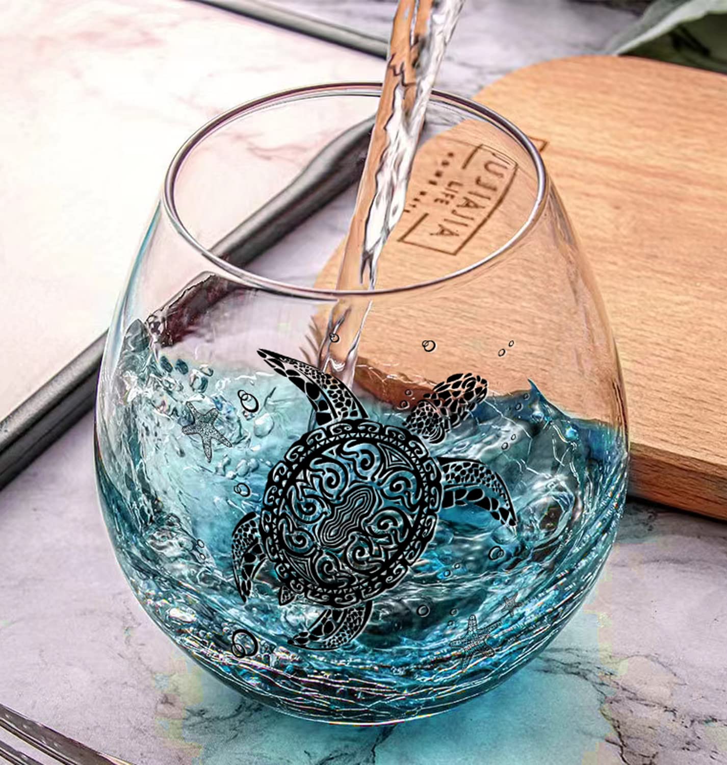 Physkoa Sea turtle wine glass- 13.5OZ Crackle Teal Design, sea turtle gifts for women,Turtle Gifts，Birthday gifts for women（Single）