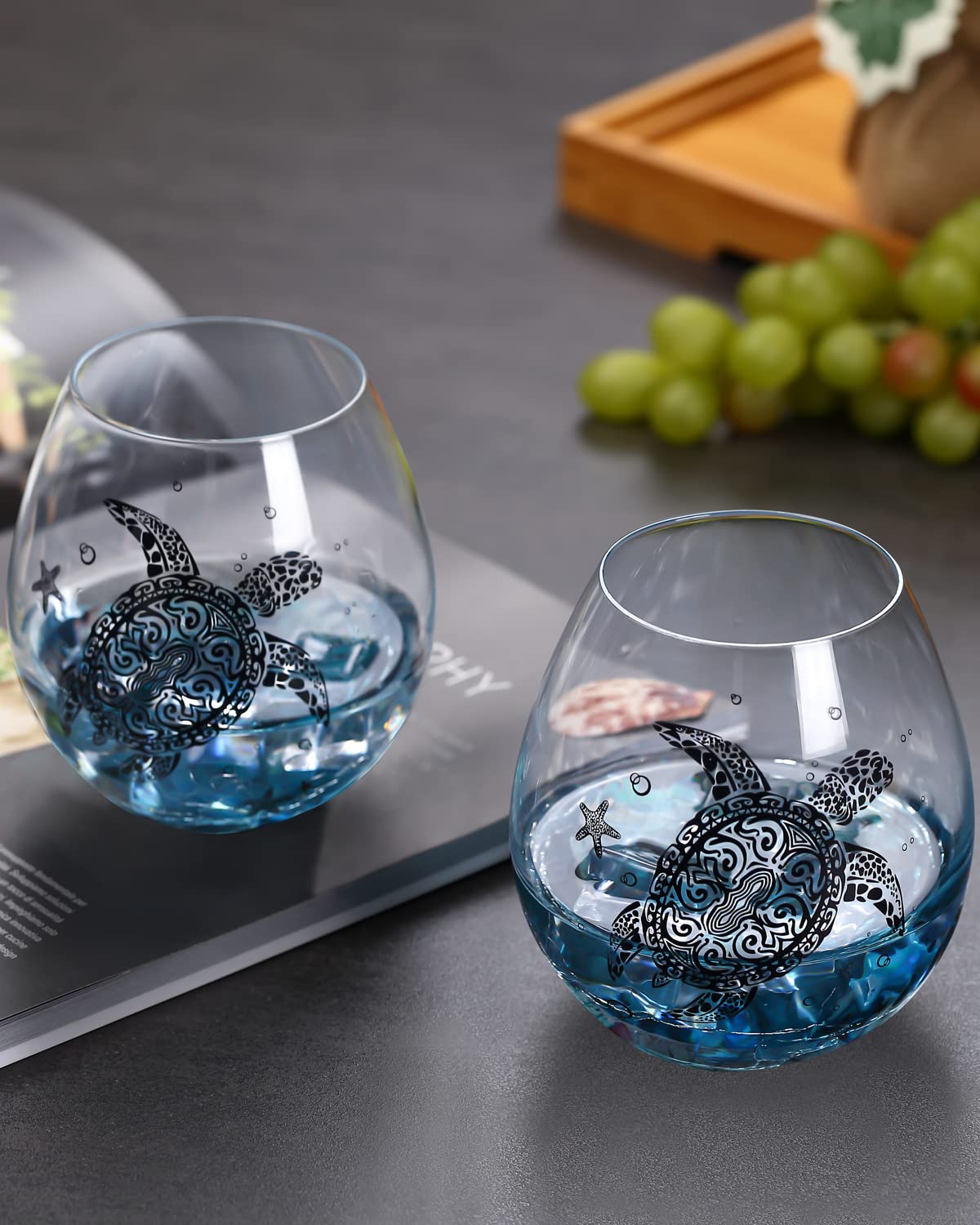 Physkoa Sea turtle wine glass- 13.5OZ Crackle Teal Design, sea turtle gifts for women,Turtle Gifts，Birthday gifts for women（Single）