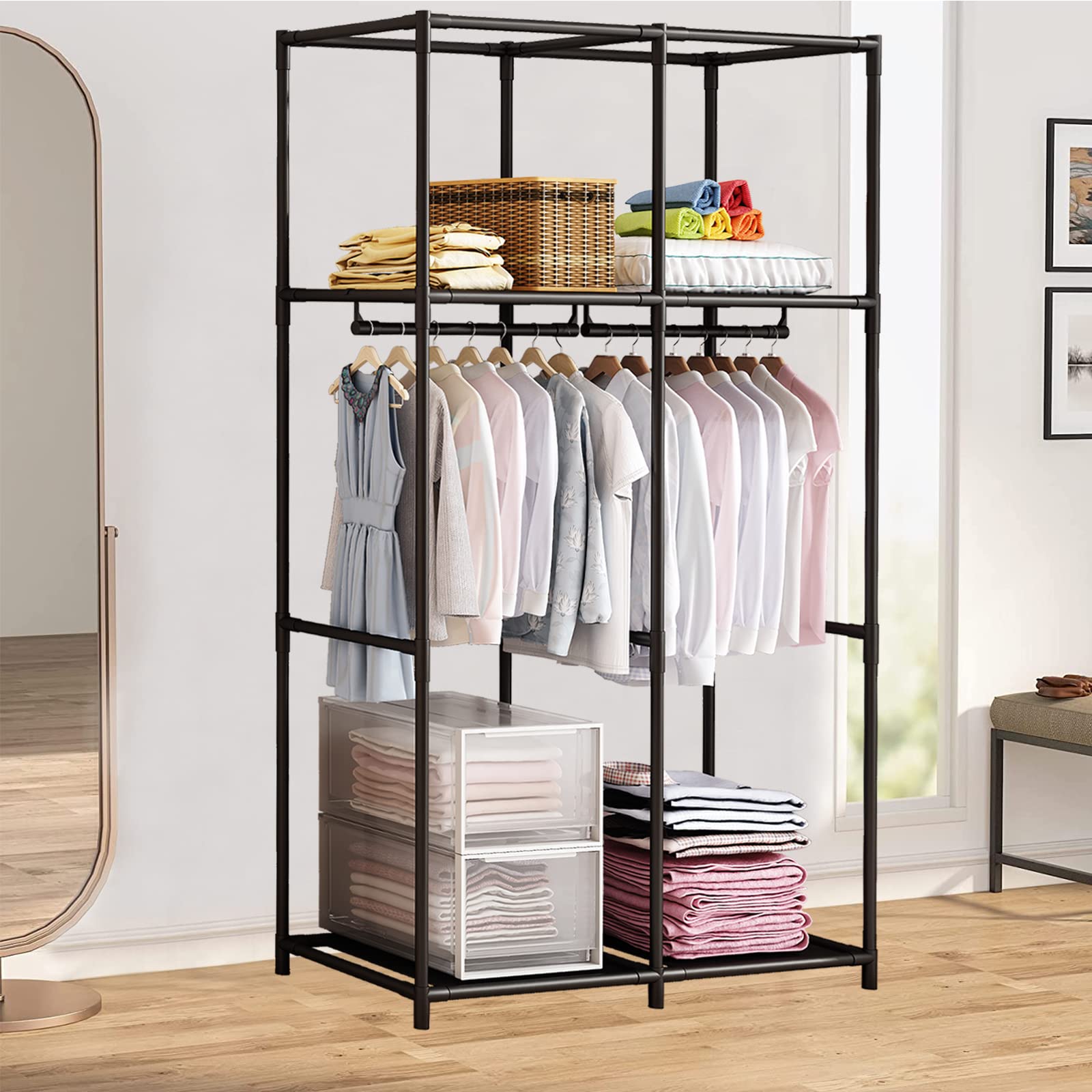 SORCEDAS Portable Wardrobe Closet Storage Organizer Metal Hanging Rack Non-Woven Fabric 34 Inch Black