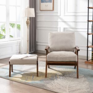 Wahson Mid Century Arm Chair and Ottoman Set, Upholstered Accent Armchair with Wood Frame and Canvas Cushions, Leisure Slipper Chair for Living Room/Bedroom, Beige