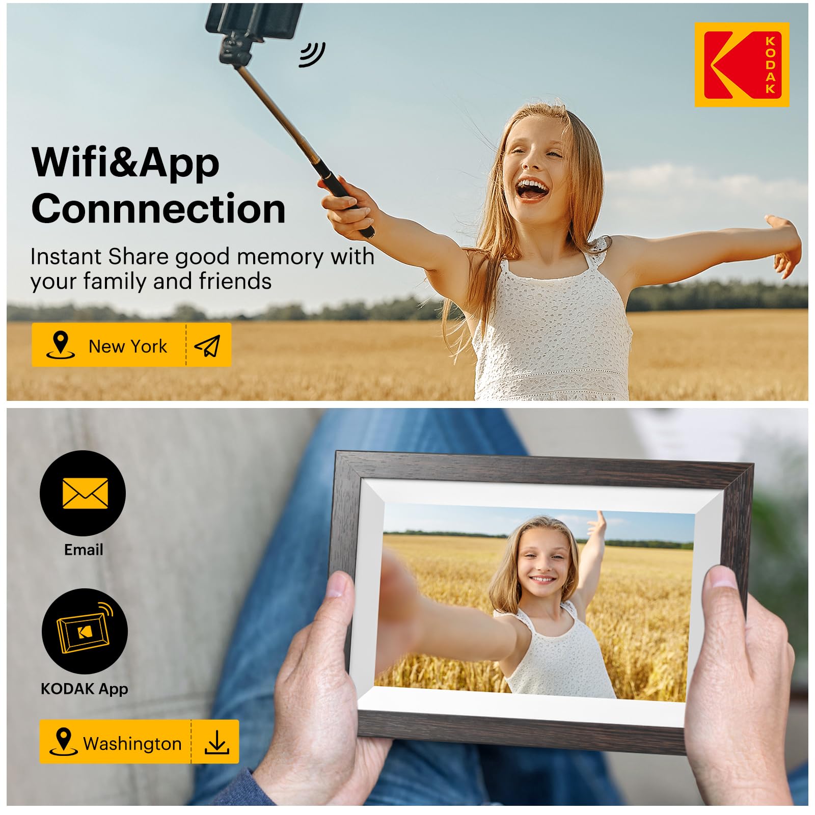 KODAK 10.1 Inch WiFi Digital Picture Frame with 32GB Storage, Electronic Smart Digital Photo Frame 1280x800 IPS Touch Screen, Auto-Rotate, Share Moments Instantly via KODAK App from Anywhere Anytime