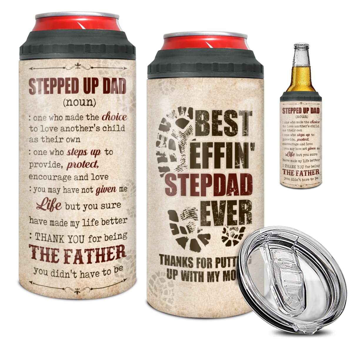 winorax Stepdad Can Cooler Tumbler Stepped Up Dad Gifts 4-in-1 Can Holder Stainless Steel Tumblers Father's Day Cup Gifts for Step Dads Stepfather