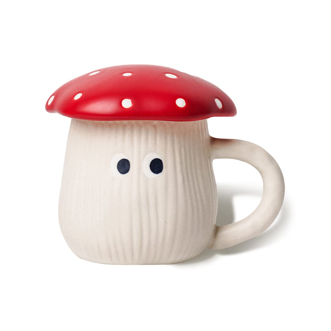 RESVUGA Cute Mushroom Mug with Lid, Handmade Glaze Cover & Eyes, Safety Matt Ceramic Milk Mugs, 12OZ Cartoon Tea Cup. Best Gifts for Women & Girls.