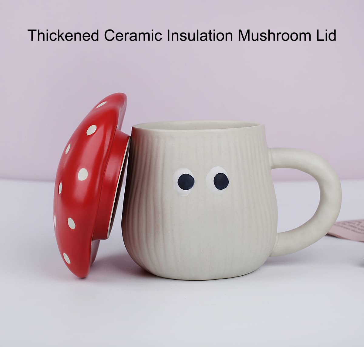 RESVUGA Cute Mushroom Mug with Lid, Handmade Glaze Cover & Eyes, Safety Matt Ceramic Milk Mugs, 12OZ Cartoon Tea Cup. Best Gifts for Women & Girls.