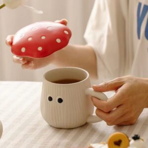 RESVUGA Cute Mushroom Mug with Lid, Handmade Glaze Cover & Eyes, Safety Matt Ceramic Milk Mugs, 12OZ Cartoon Tea Cup. Best Gifts for Women & Girls.