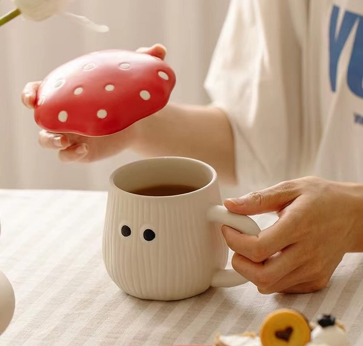 RESVUGA Cute Mushroom Mug with Lid, Handmade Glaze Cover & Eyes, Safety Matt Ceramic Milk Mugs, 12OZ Cartoon Tea Cup. Best Gifts for Women & Girls.