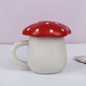 RESVUGA Cute Mushroom Mug with Lid, Handmade Glaze Cover & Eyes, Safety Matt Ceramic Milk Mugs, 12OZ Cartoon Tea Cup. Best Gifts for Women & Girls.