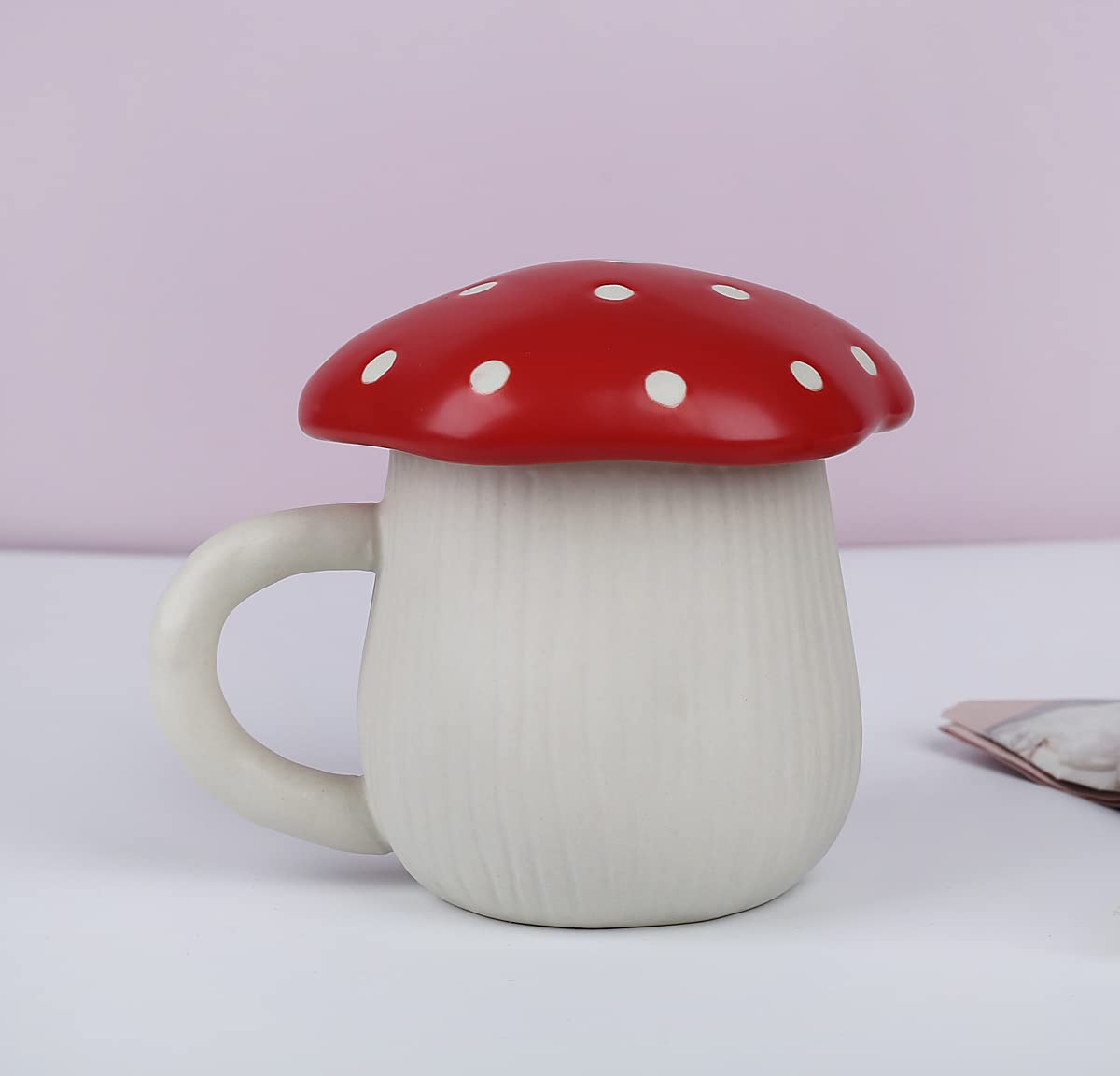 RESVUGA Cute Mushroom Mug with Lid, Handmade Glaze Cover & Eyes, Safety Matt Ceramic Milk Mugs, 12OZ Cartoon Tea Cup. Best Gifts for Women & Girls.