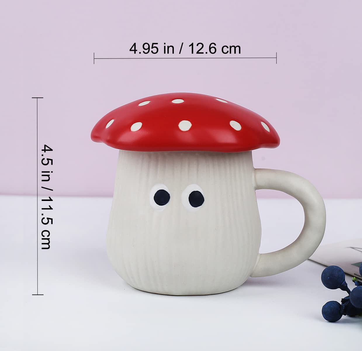 RESVUGA Cute Mushroom Mug with Lid, Handmade Glaze Cover & Eyes, Safety Matt Ceramic Milk Mugs, 12OZ Cartoon Tea Cup. Best Gifts for Women & Girls.