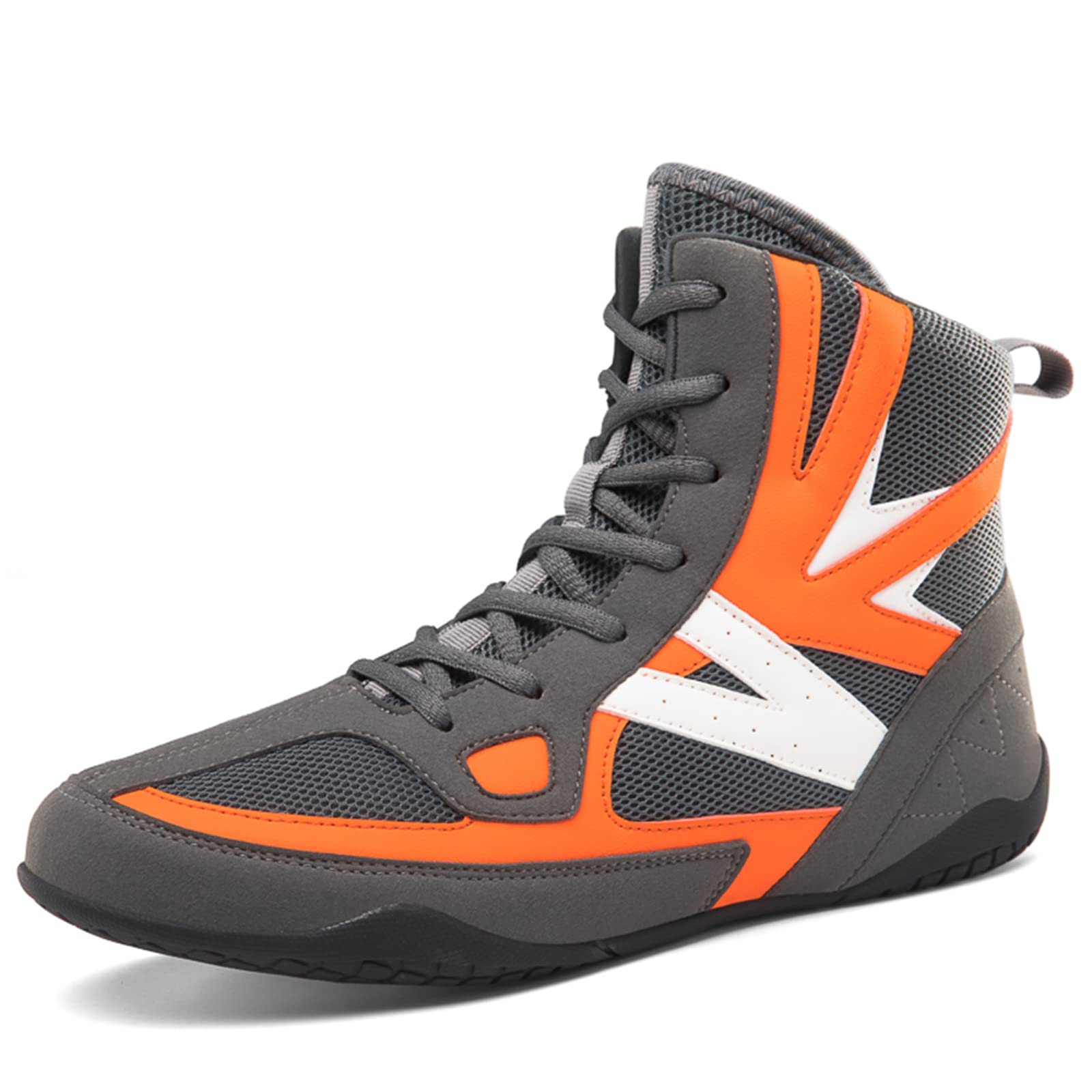 Cmadolrs Men's and Women's high top Wrestling Shoes Non Slip Breathable Boxing Shoes Wrestling Training Shoes Speed Grey/Orange