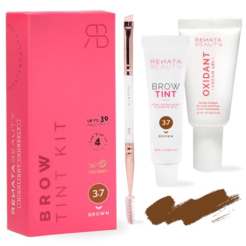 RB RENATA BEAUTY Lash and Brow Tint Kit – Eyelash & Eyebrow Tint Set – Dye Kit with Color Tint, Cream Developer and Styling Brush – Long-Lasting Effect Up to 4 Weeks – 30 Applications [Brown]