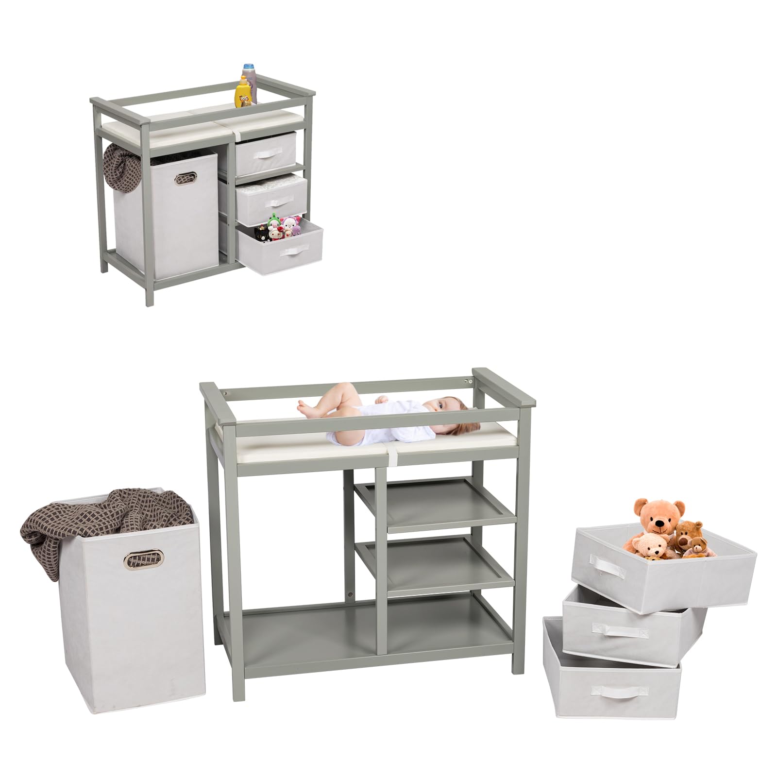 Baby Changing Table - Changing Station with Laundry Hamper, 3 Storage Baskets, and Pad, Multi Storage Nursery Changing Table for Infants or Babies (Light Grey)