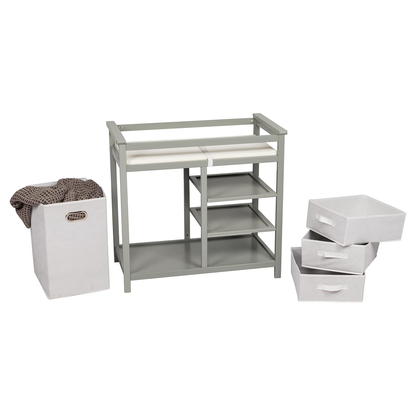 Baby Changing Table - Changing Station with Laundry Hamper, 3 Storage Baskets, and Pad, Multi Storage Nursery Changing Table for Infants or Babies (Light Grey)