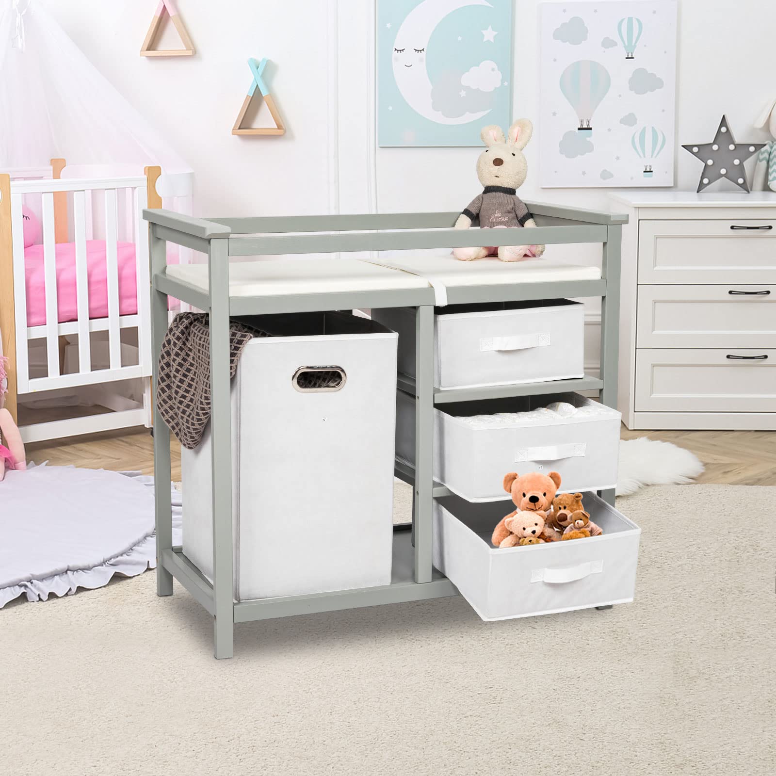 Baby Changing Table - Changing Station with Laundry Hamper, 3 Storage Baskets, and Pad, Multi Storage Nursery Changing Table for Infants or Babies (Light Grey)