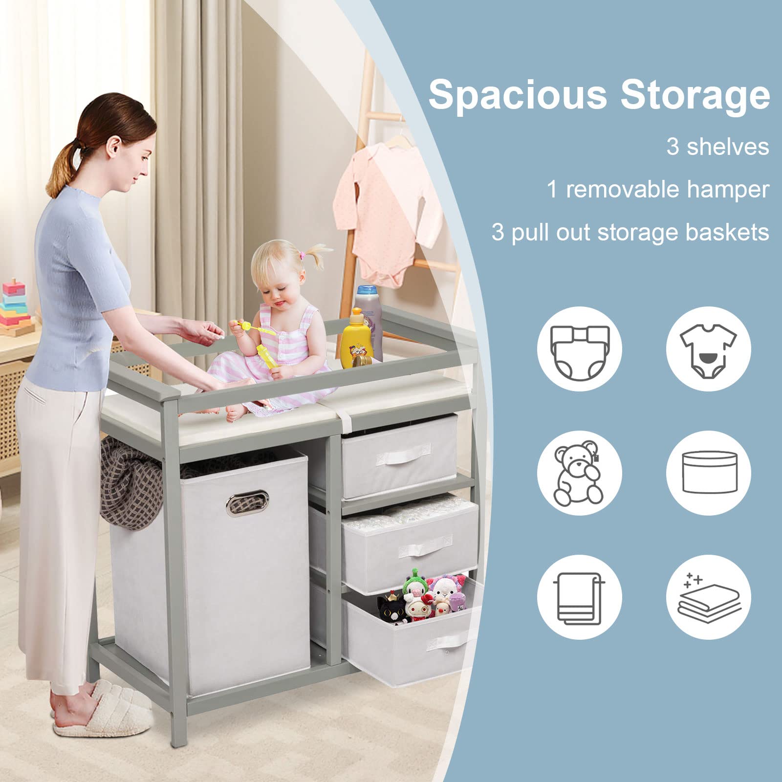 Baby Changing Table - Changing Station with Laundry Hamper, 3 Storage Baskets, and Pad, Multi Storage Nursery Changing Table for Infants or Babies (Light Grey)