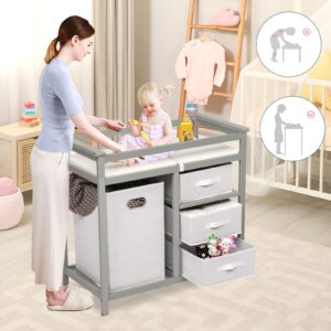 Baby Changing Table - Changing Station with Laundry Hamper, 3 Storage Baskets, and Pad, Multi Storage Nursery Changing Table for Infants or Babies (Light Grey)