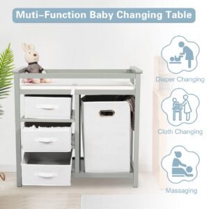 Baby Changing Table - Changing Station with Laundry Hamper, 3 Storage Baskets, and Pad, Multi Storage Nursery Changing Table for Infants or Babies (Light Grey)