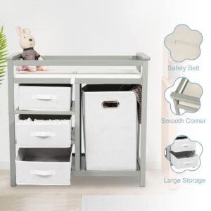 Baby Changing Table - Changing Station with Laundry Hamper, 3 Storage Baskets, and Pad, Multi Storage Nursery Changing Table for Infants or Babies (Light Grey)