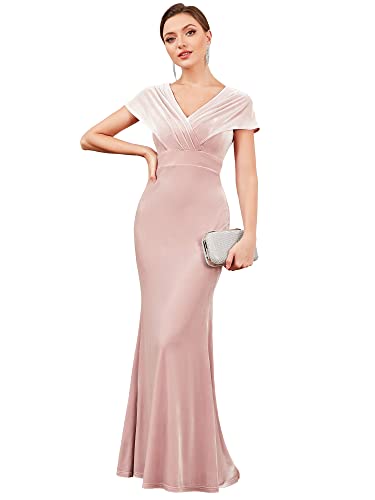 Ever-Pretty Women's V Neck Cap Sleeves Backless Memaid Long Autumn Velvet Formal Evening Gowns Pink US8