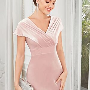 Ever-Pretty Women's V Neck Cap Sleeves Backless Memaid Long Autumn Velvet Formal Evening Gowns Pink US8