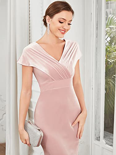 Ever-Pretty Women's V Neck Cap Sleeves Backless Memaid Long Autumn Velvet Formal Evening Gowns Pink US8