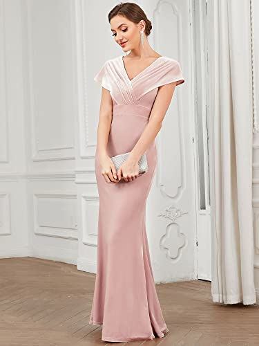 Ever-Pretty Women's V Neck Cap Sleeves Backless Memaid Long Autumn Velvet Formal Evening Gowns Pink US8