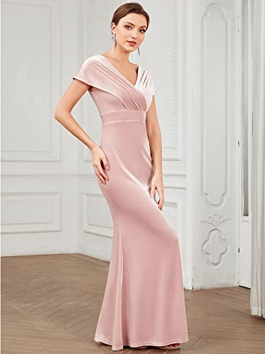 Ever-Pretty Women's V Neck Cap Sleeves Backless Memaid Long Autumn Velvet Formal Evening Gowns Pink US8