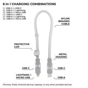 Rolling Square inCharge XL 6-in-1 Multi Charging Cable, Portable USB and USB-C Cable with 100W Ultra-Fast Charging Power, 1 Ft/0.3m, Glacier White