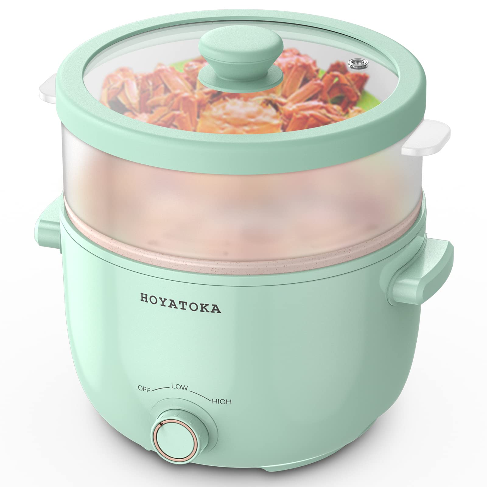 Hoyatoka Electric Hot Pot, 2L Portable Non-Stick Electric Cooker with Steamer, Mini Electric Pot Ramen Cooker for Sauté, Stir Fry, Steak, Eggs, Oatmeal, Ramen, Soup for Dorm, Office, Green