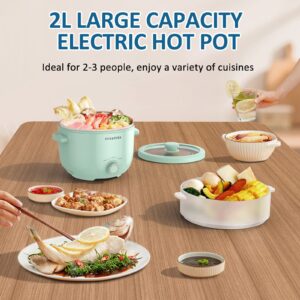 Hoyatoka Electric Hot Pot, 2L Portable Non-Stick Electric Cooker with Steamer, Mini Electric Pot Ramen Cooker for Sauté, Stir Fry, Steak, Eggs, Oatmeal, Ramen, Soup for Dorm, Office, Green