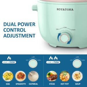 Hoyatoka Electric Hot Pot, 2L Portable Non-Stick Electric Cooker with Steamer, Mini Electric Pot Ramen Cooker for Sauté, Stir Fry, Steak, Eggs, Oatmeal, Ramen, Soup for Dorm, Office, Green