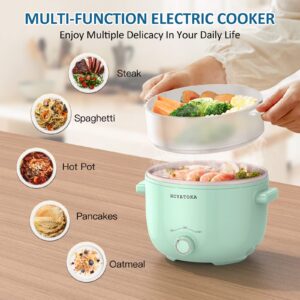 Hoyatoka Electric Hot Pot, 2L Portable Non-Stick Electric Cooker with Steamer, Mini Electric Pot Ramen Cooker for Sauté, Stir Fry, Steak, Eggs, Oatmeal, Ramen, Soup for Dorm, Office, Green