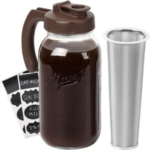 soligt cold brew coffee maker mason jar set, iced tea brewing pitcher with stainless steel filter, 64 oz (2 quart / 1.9 liter), wide mouth flip cap pour spout lid with handle