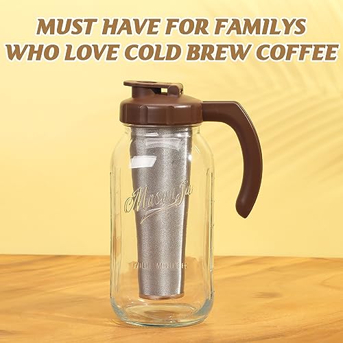 SOLIGT Cold Brew Coffee Maker Mason Jar Set, Iced Tea Brewing Pitcher with Stainless Steel Filter, 64 oz (2 Quart / 1.9 Liter), Wide Mouth Flip Cap Pour Spout Lid with Handle