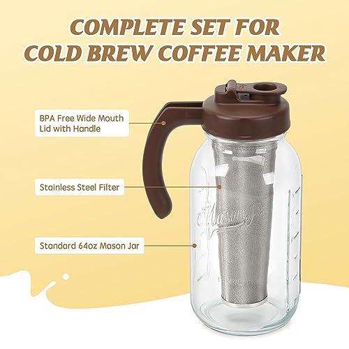 SOLIGT Cold Brew Coffee Maker Mason Jar Set, Iced Tea Brewing Pitcher with Stainless Steel Filter, 64 oz (2 Quart / 1.9 Liter), Wide Mouth Flip Cap Pour Spout Lid with Handle