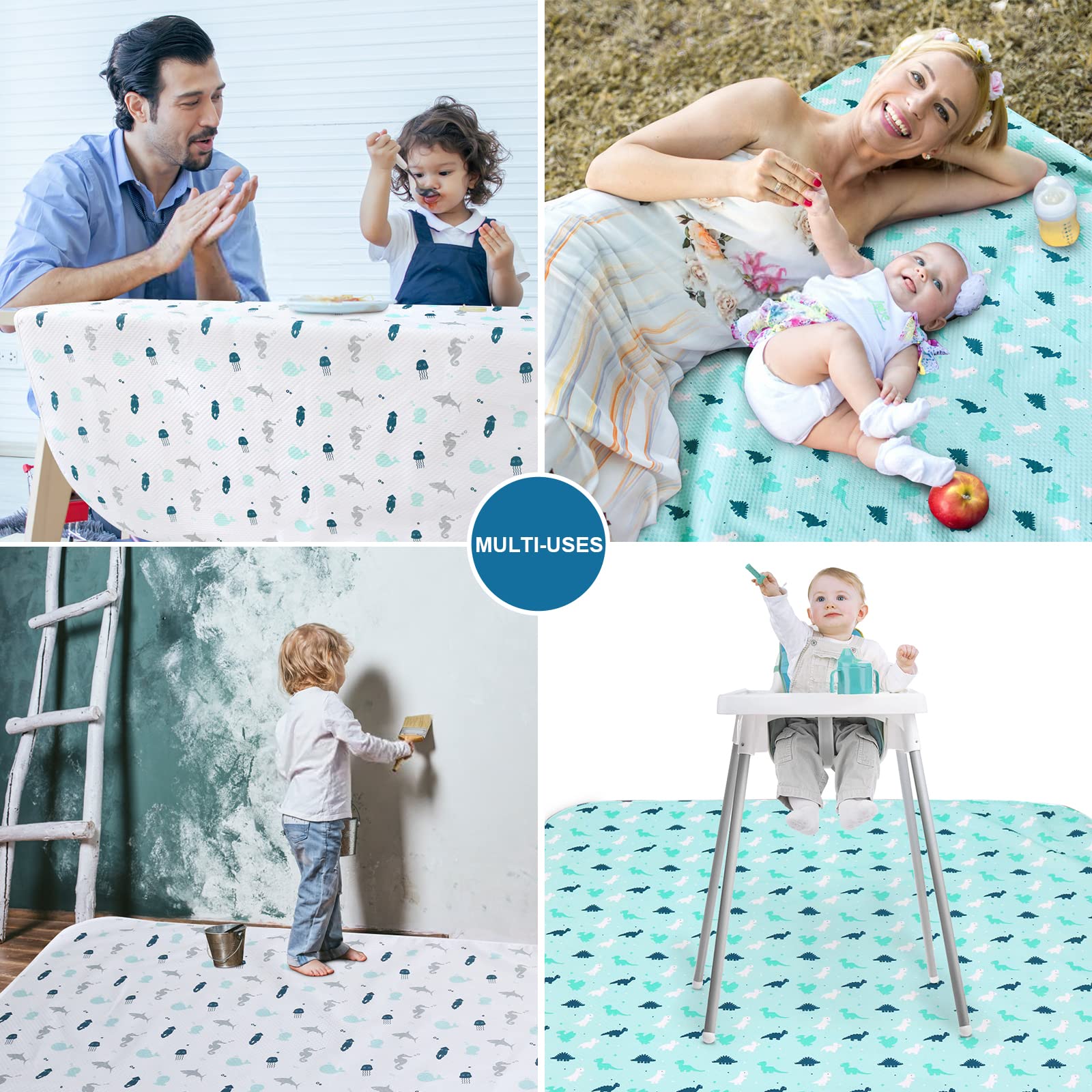 SPRINGSPIRIT Splat Mat for Under High Chair 2 Pack, High Chair Mat for Floor, Waterproof Mat, Mealtime, Playtime, Anti-Slip and Washable High Chair Mat, 42" x 46", Dinosaurs & Ocean