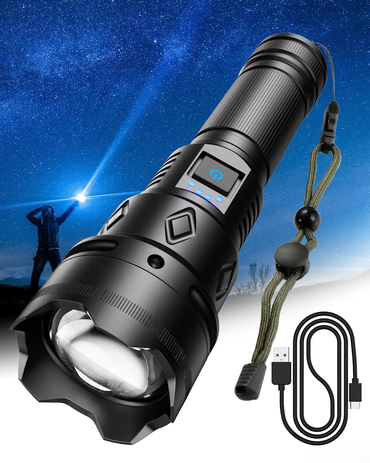 GEKIRO Led Rechargeable Flashlight 900000 High Lumens,XHP160 Super Bright Powerful Flashlights with 5 Lighting Modes,Zoomable,Waterproof Handheld Flashlight for Camping,Emergencies,Hunting