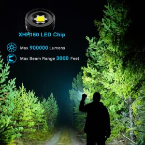 GEKIRO Led Rechargeable Flashlight 900000 High Lumens,XHP160 Super Bright Powerful Flashlights with 5 Lighting Modes,Zoomable,Waterproof Handheld Flashlight for Camping,Emergencies,Hunting